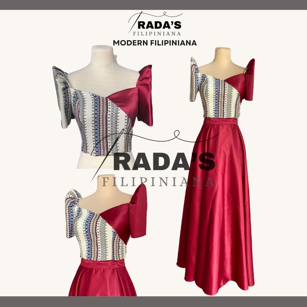 Modern Filipiniana Ethnic Top with Pleated Maroon Skirt | Shopee ...