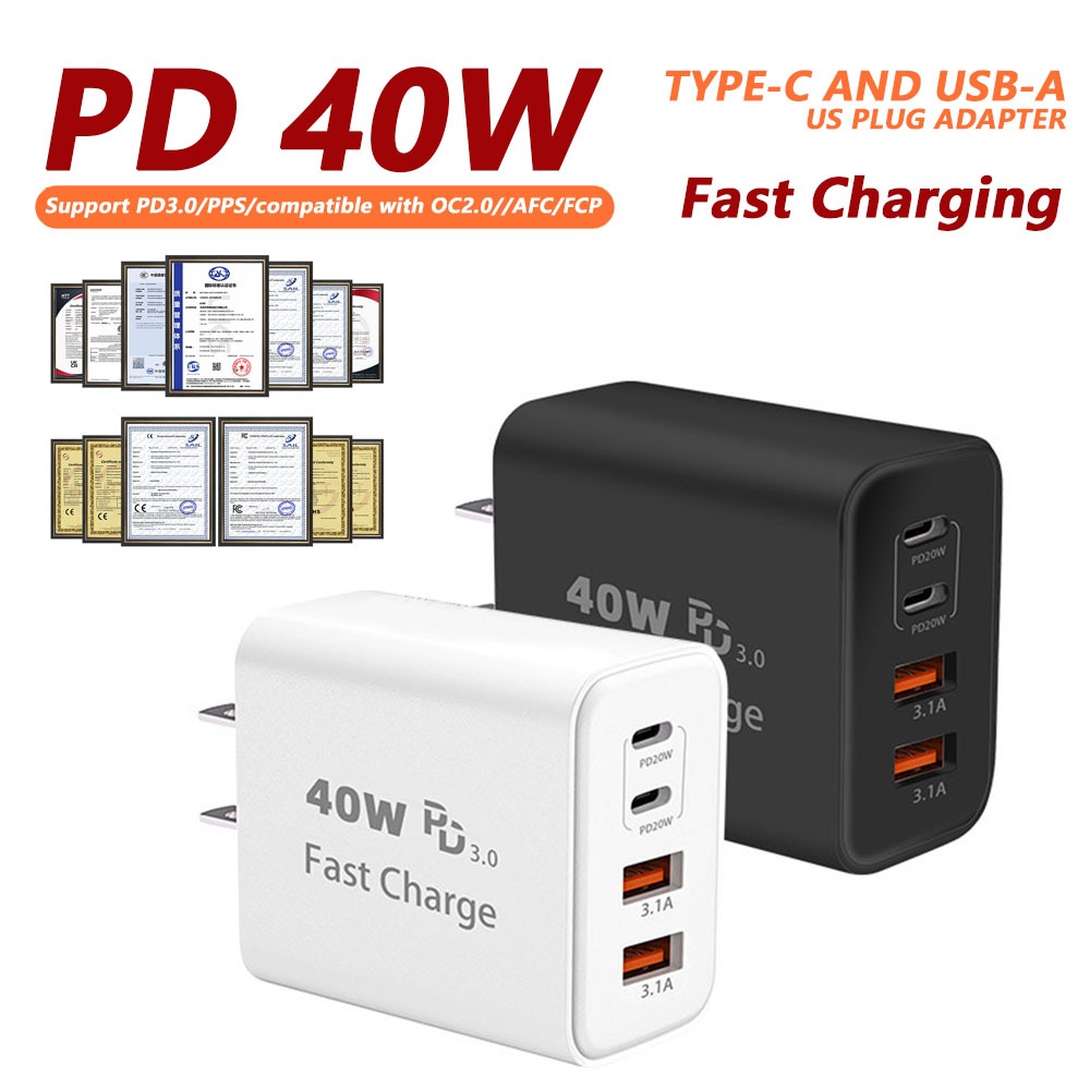 PD 40W 4 in 1 2 PD Type C and 2 USB US Super Fast Charging QC 3.0 Home ...
