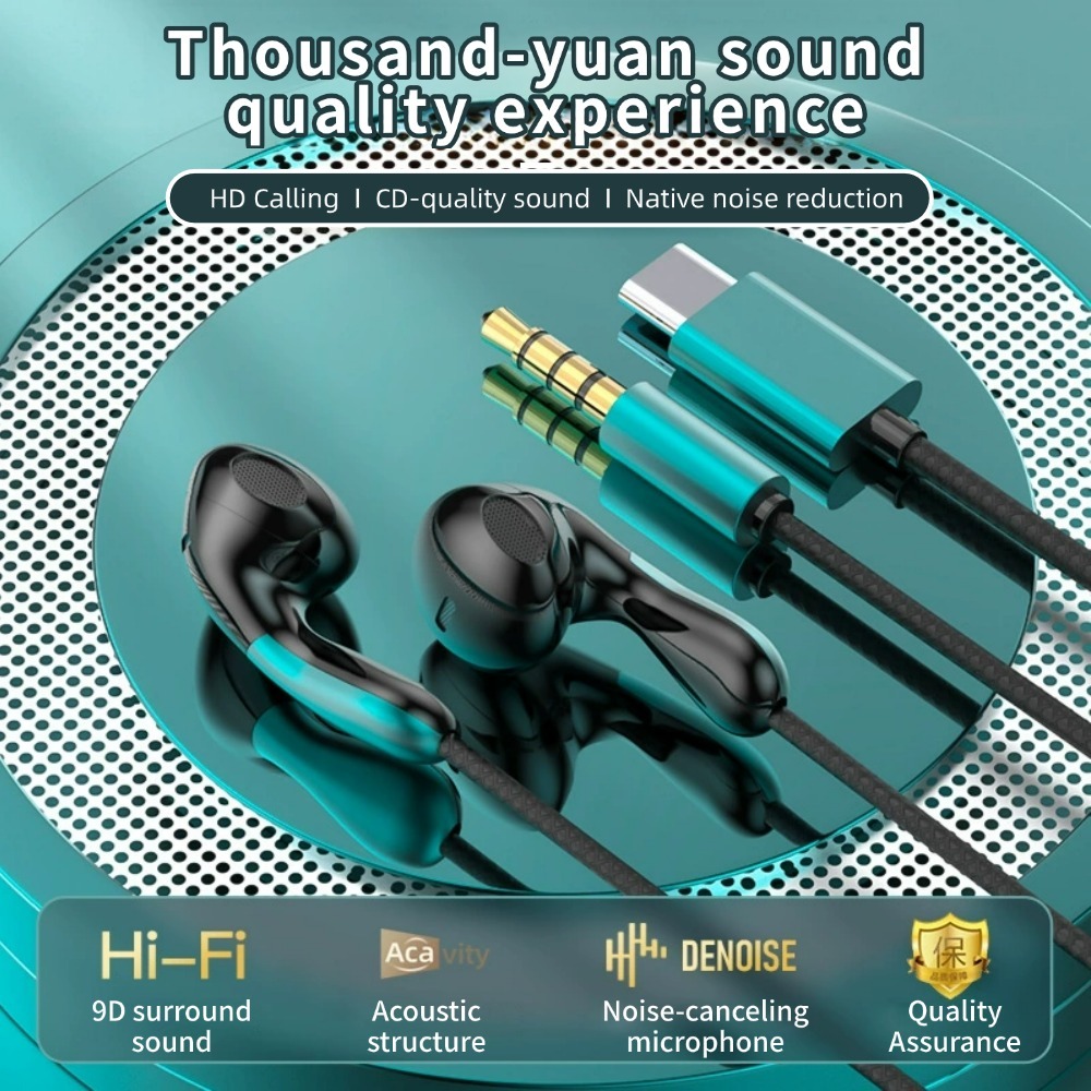 3.5MM AUX Type C Headsets Digital Chip 9D HIFI Wired Earbuds Heavy Bass ...