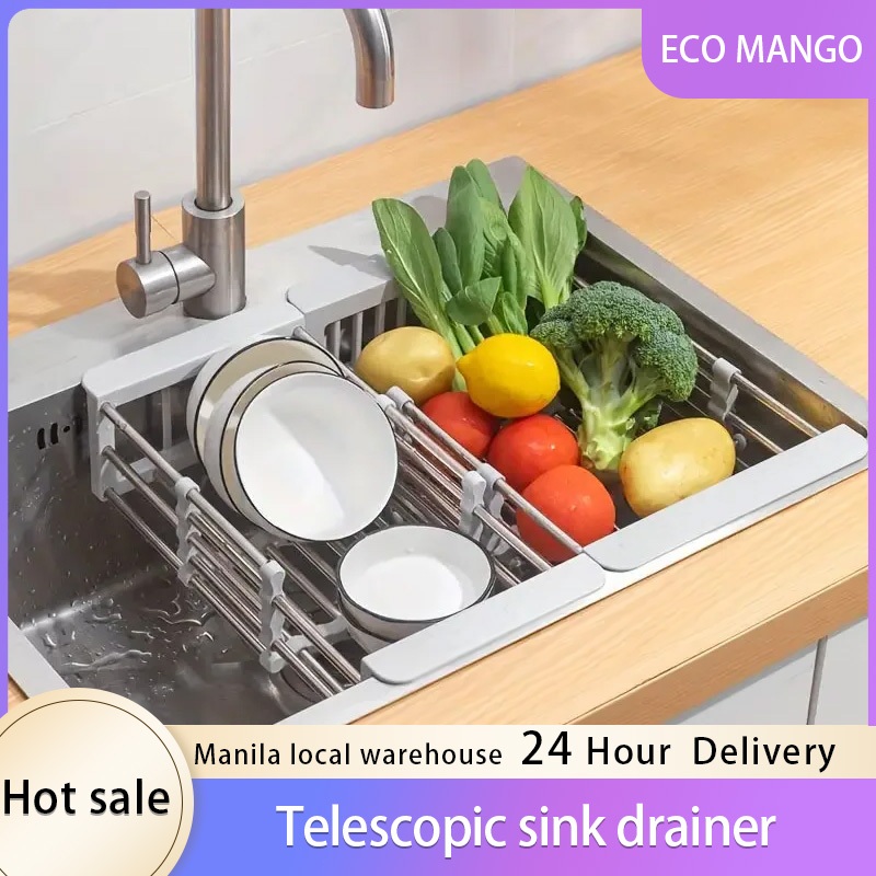 Telescopic sink drain rack stainless steel adjustable kitchen sink dish ...