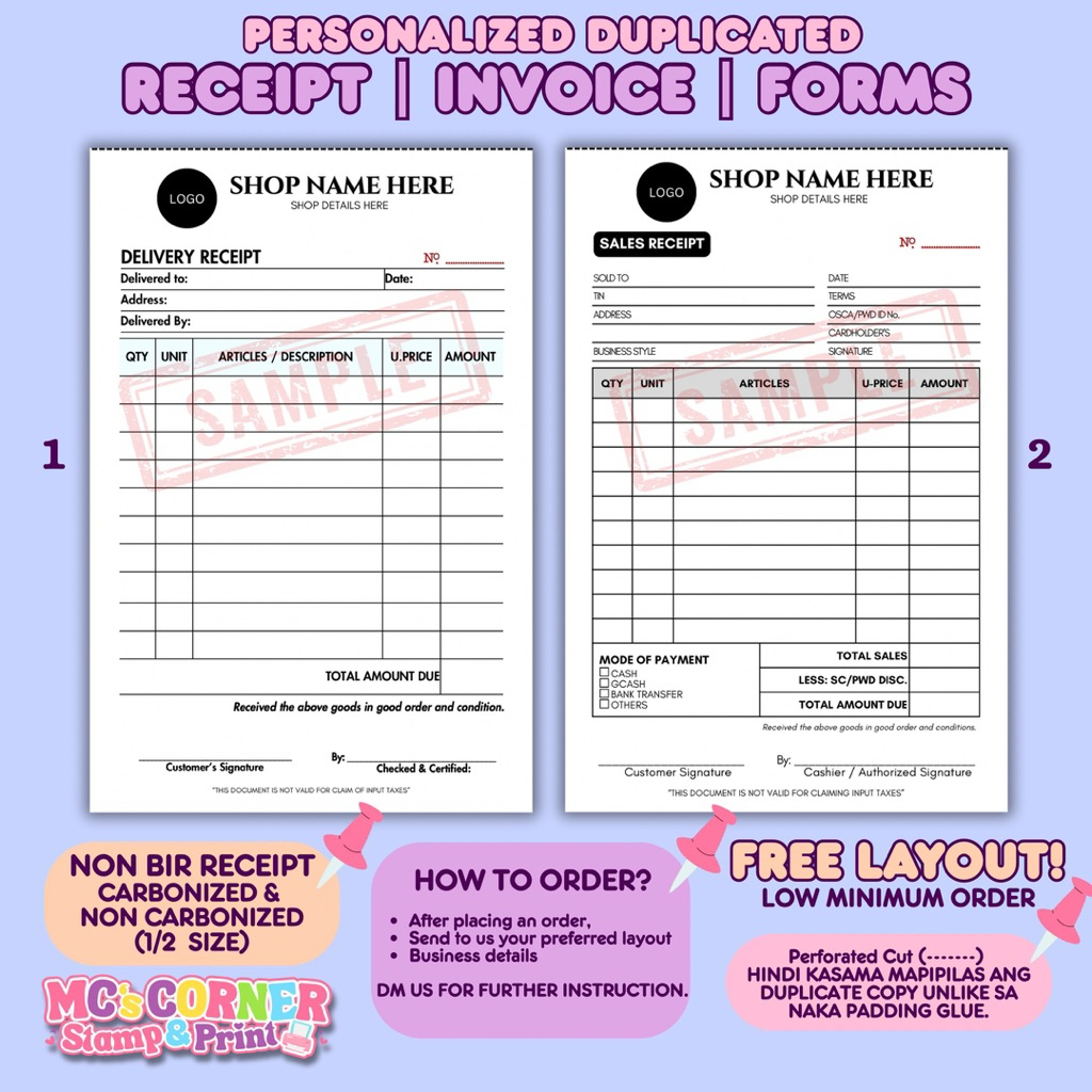 PERSONALIZED DUPLICATE RECEIPT | CARBONIZED RECEIPT | NON CARBONIZED ...