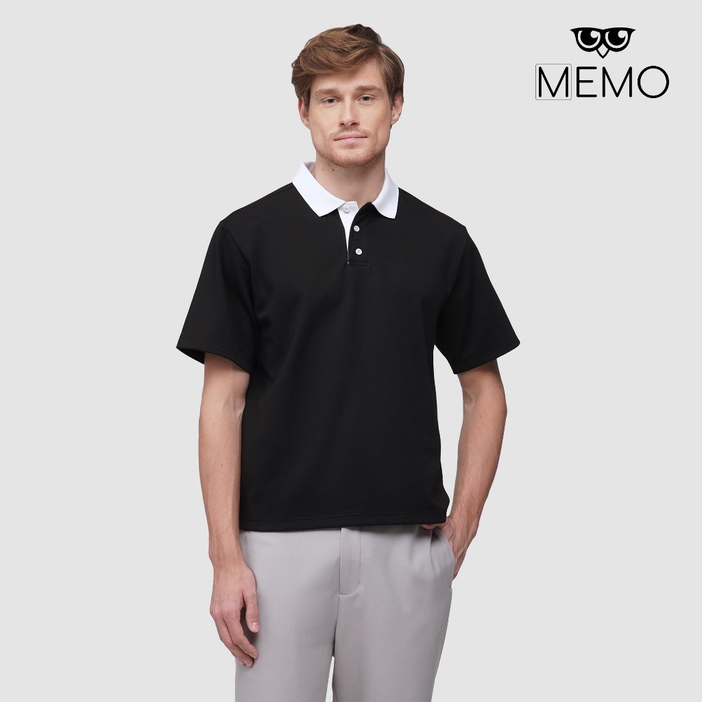 Memo Contrast Collar Interlock Polo Shirt For Men (Black/Cream ...