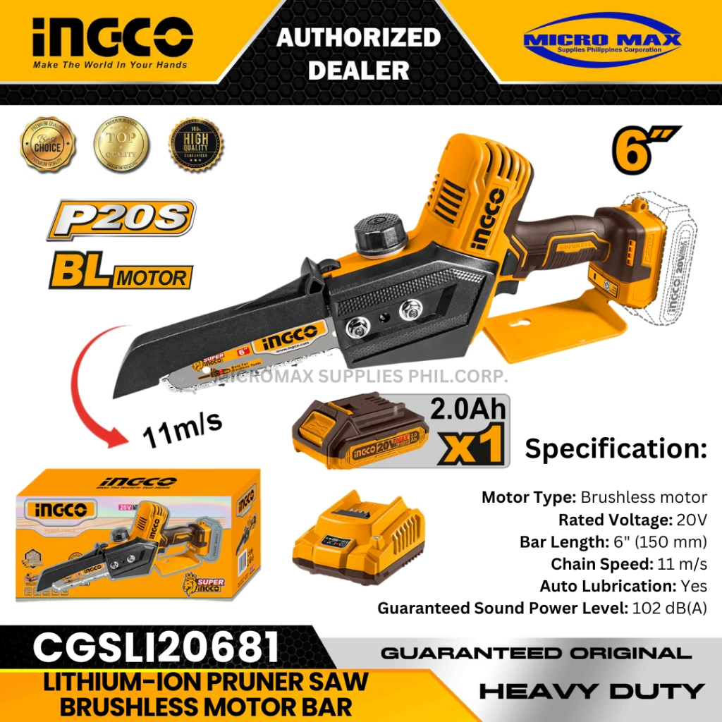 INGCO (CGSLI20681) Lithium-Ion Pruner Saw Brushless Motor Bar | Shopee ...