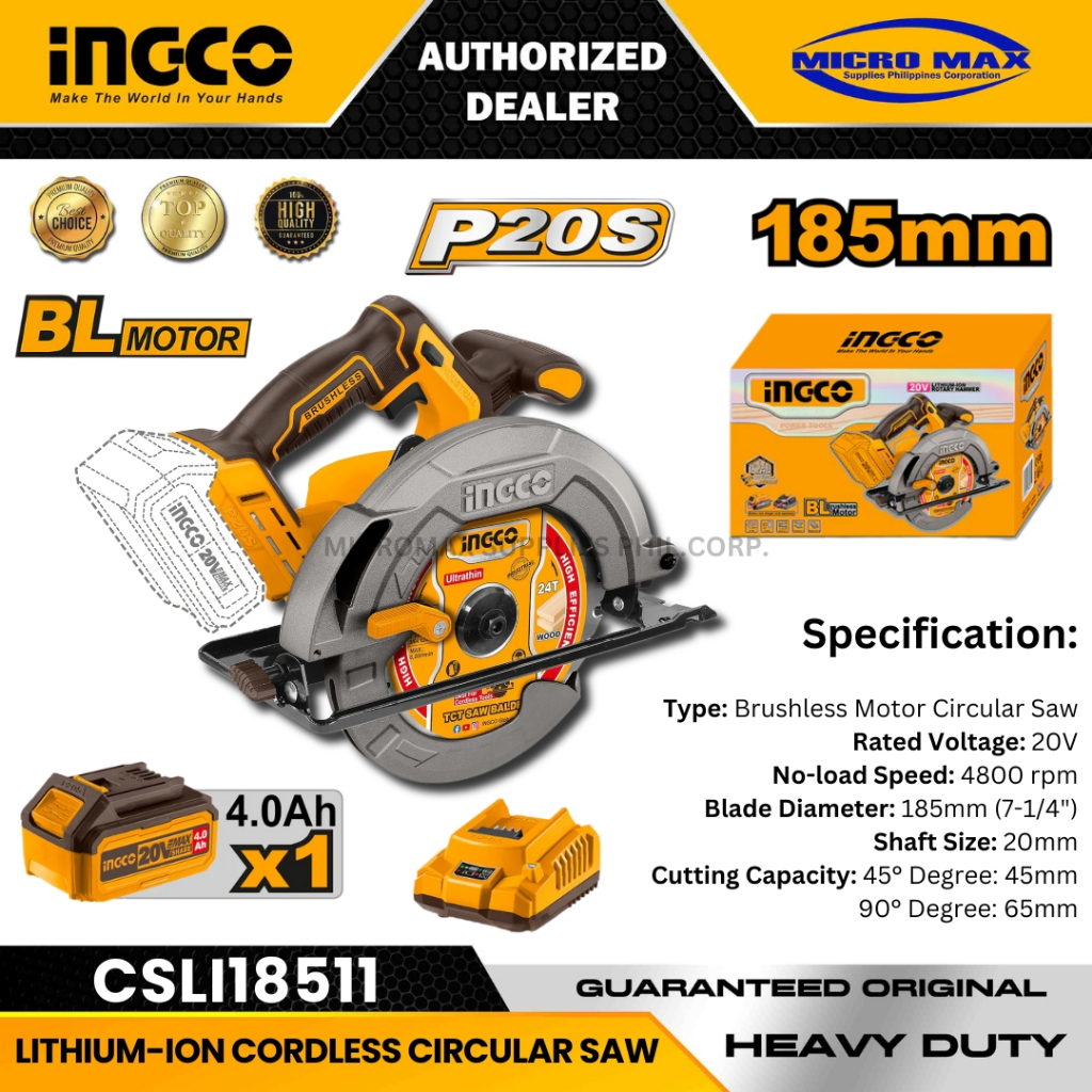 INGCO (CSLI18511) Lithium-Ion Cordless Brushless Motor Circular Saw ...
