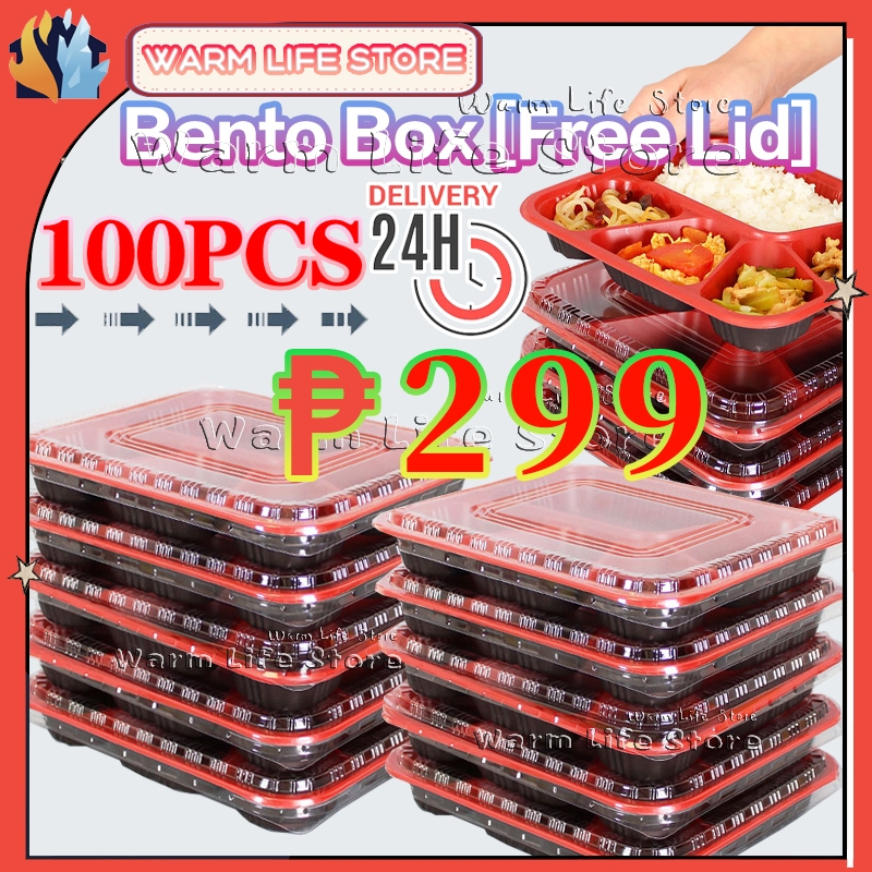 100PCS Thick Red Bento Box with Lid 1/2/3/4/5 Grid Divided Takeout ...