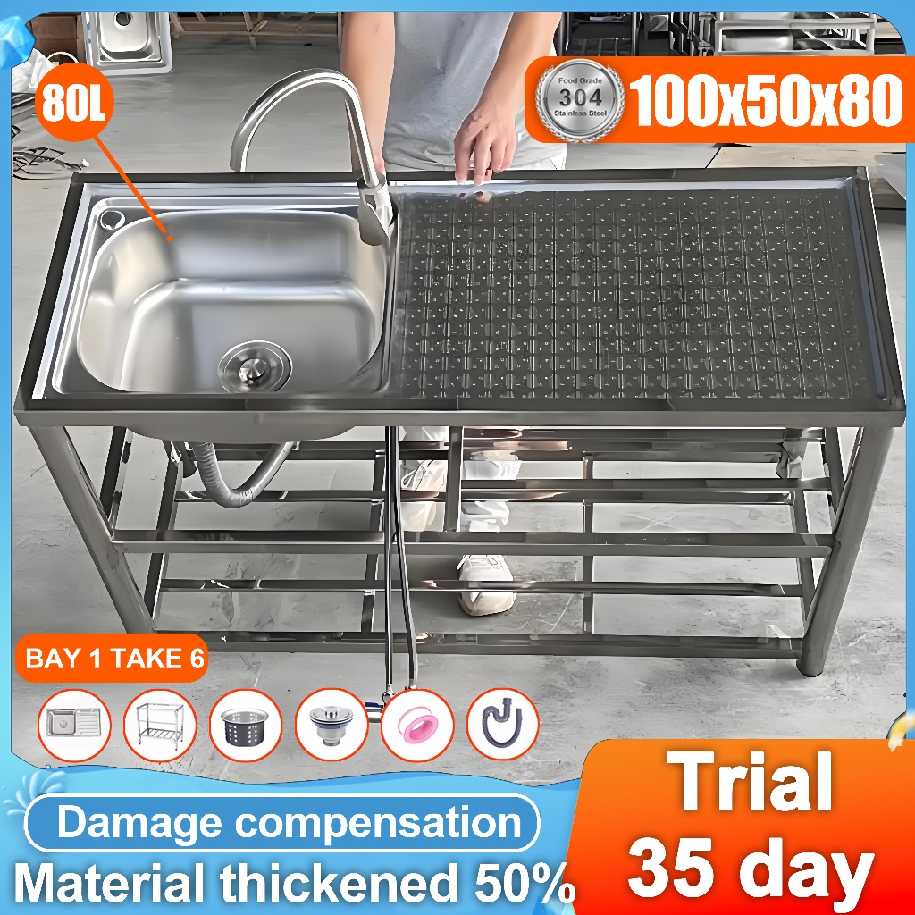 100*50*80cm 304 Stainless Steel Kitchen Sink lababo standing sink with ...