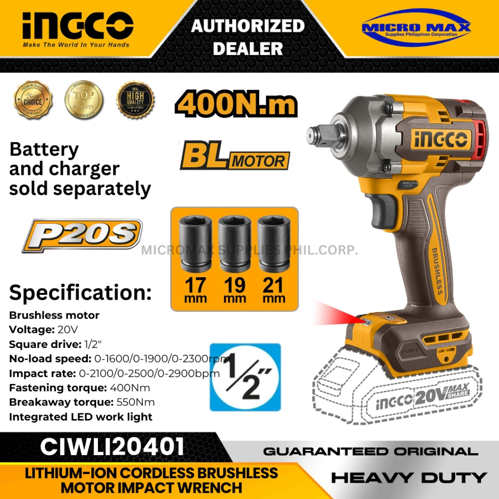 INGCO (CIWLI20401) Lithium-Ion Cordless Brushless Motor Impact Wrench ...