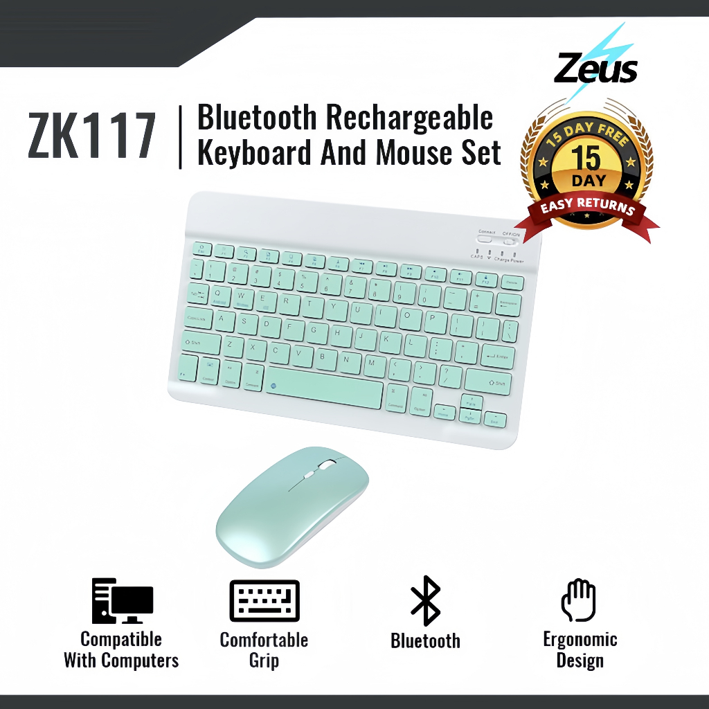 Zeus 10" Bluetooth Wireless Keyboard Mouse Combo Rechargeable Ultra ...