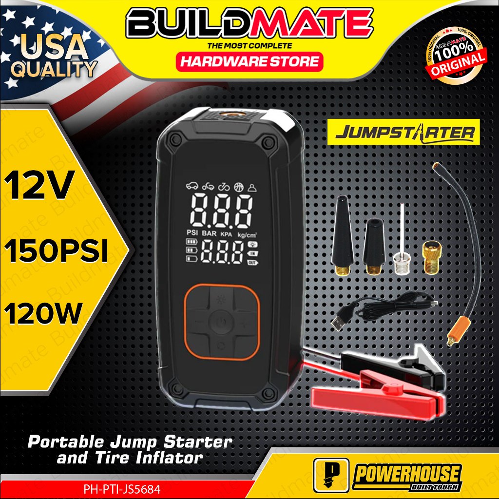 Buildmate x POWERHOUSE 120W/ 12V Portable Jump Starter and Tire ...