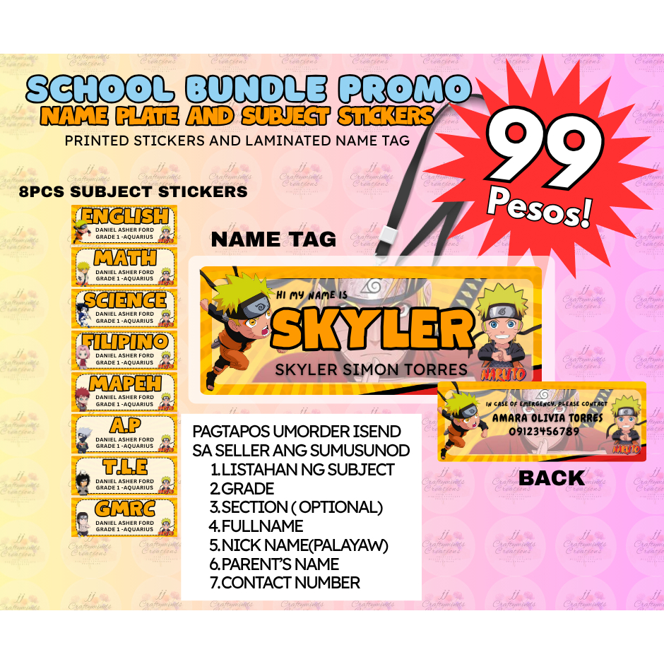 99 Pesos 8pcs Subject Stickers and Laminated Name Plate with Free ID ...
