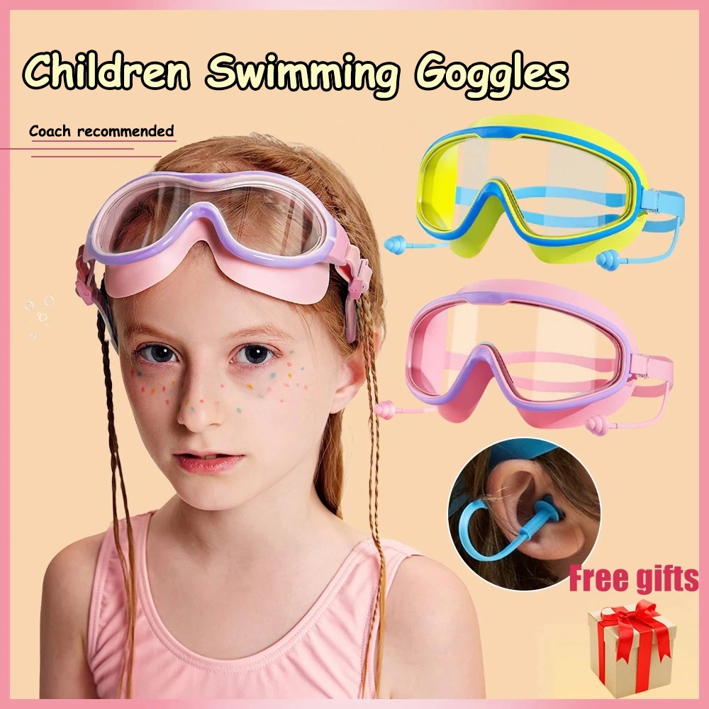 Swimming Goggles for Kids with Earplugs Large Frame Silicone Waterproof ...