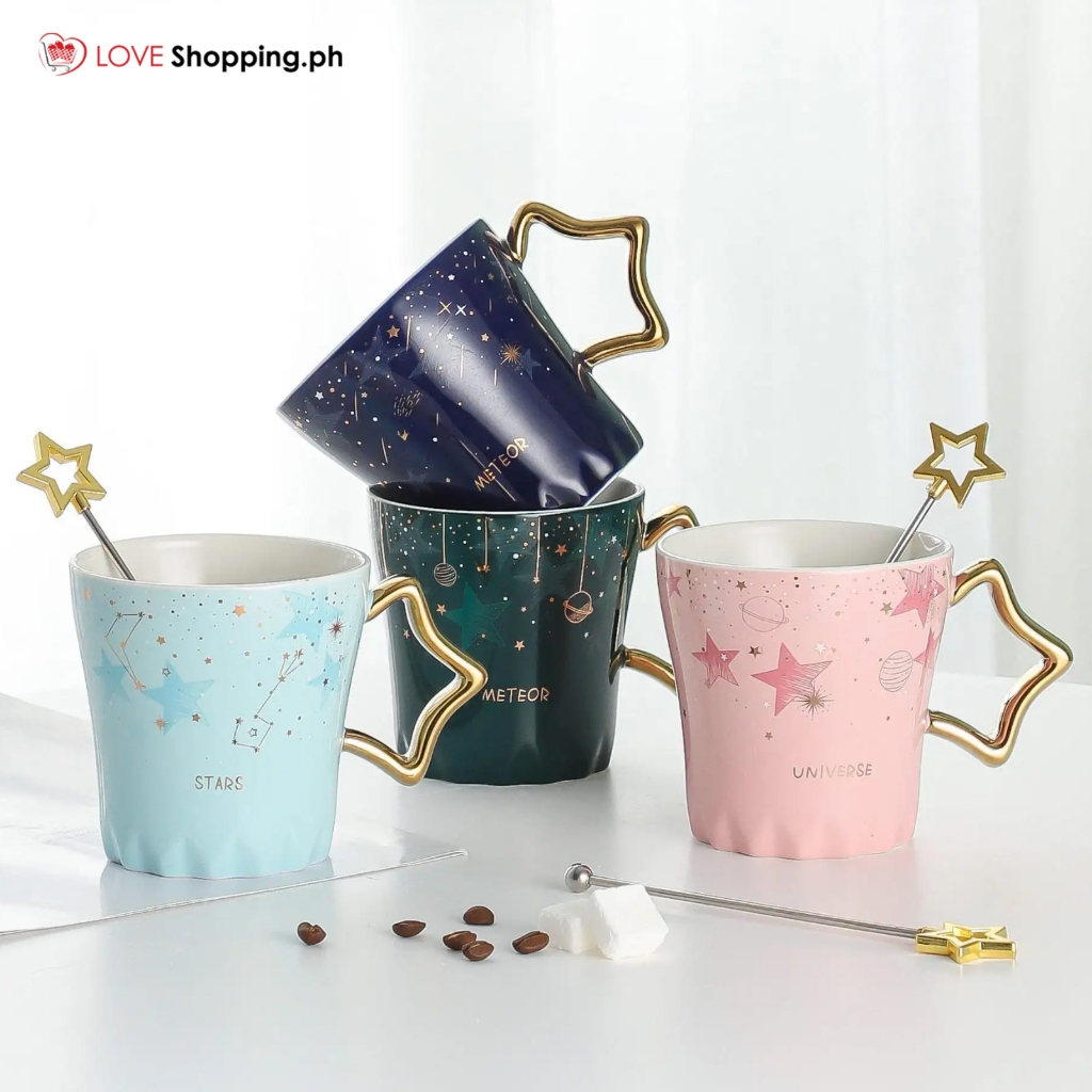 Celestial Star-Themed Ceramic Mug with Lid + Star Stirrer and Handle ...