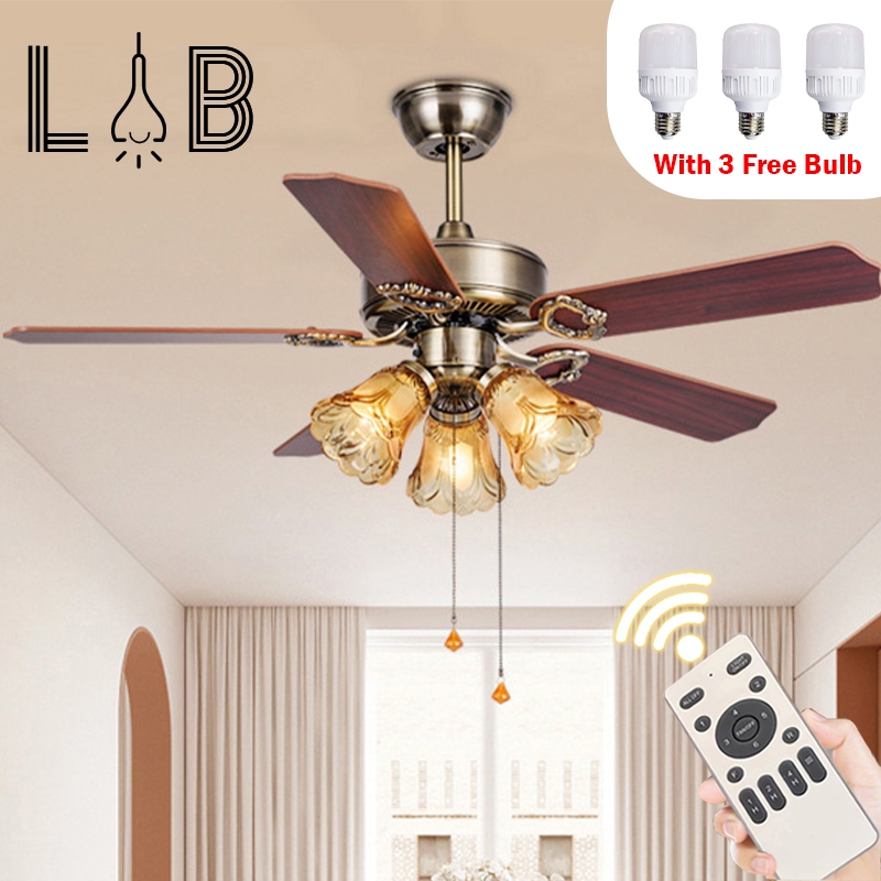【Free Bulb】Ceiling Fan With Light and Remote Control Retro Ceiling ...