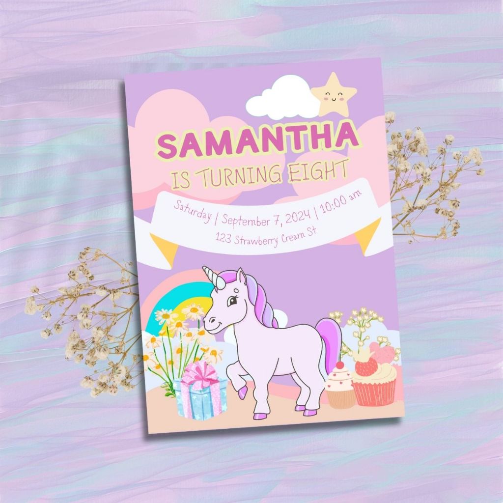 Personalized Birthday Invitation Unicorn 5 Purple 3R Size | Shopee ...
