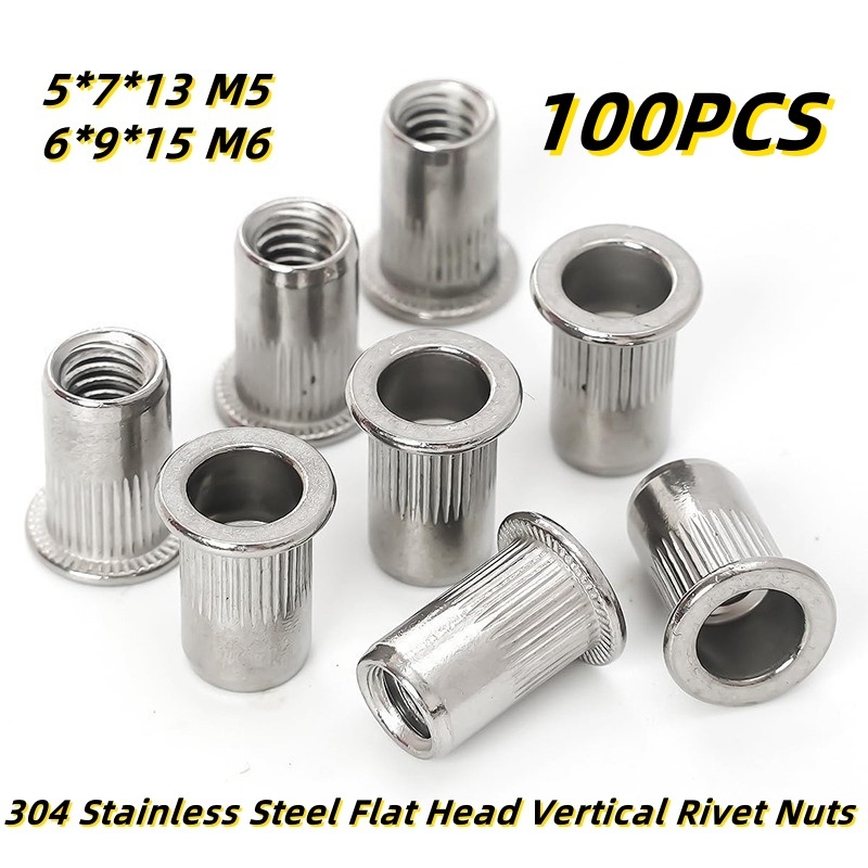 100pcs M5/M6 Stainless Steel Rivet Nut Flat Head Rivets Screw Threaded ...