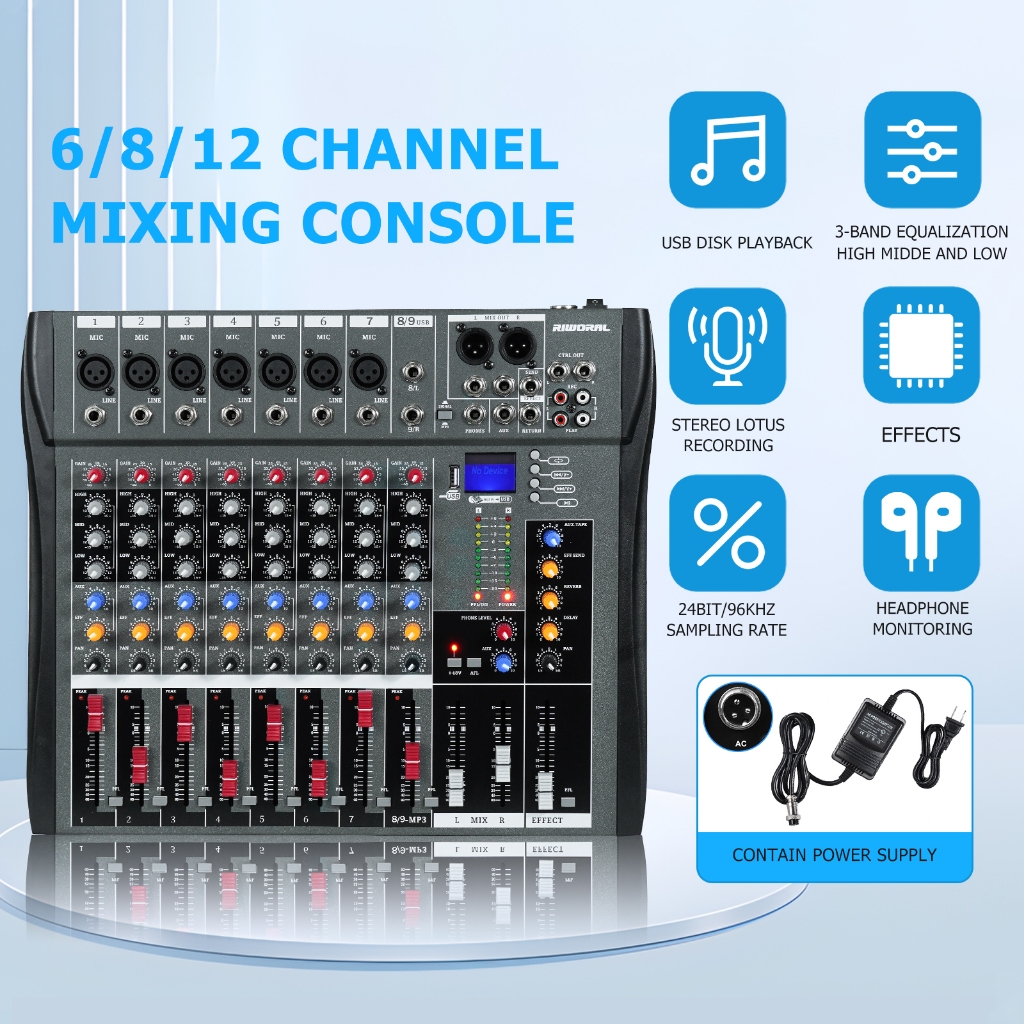 Audio Mixer Sound System 8 Mixer Stereo Equalizer With 7 Band Audio 12 ...