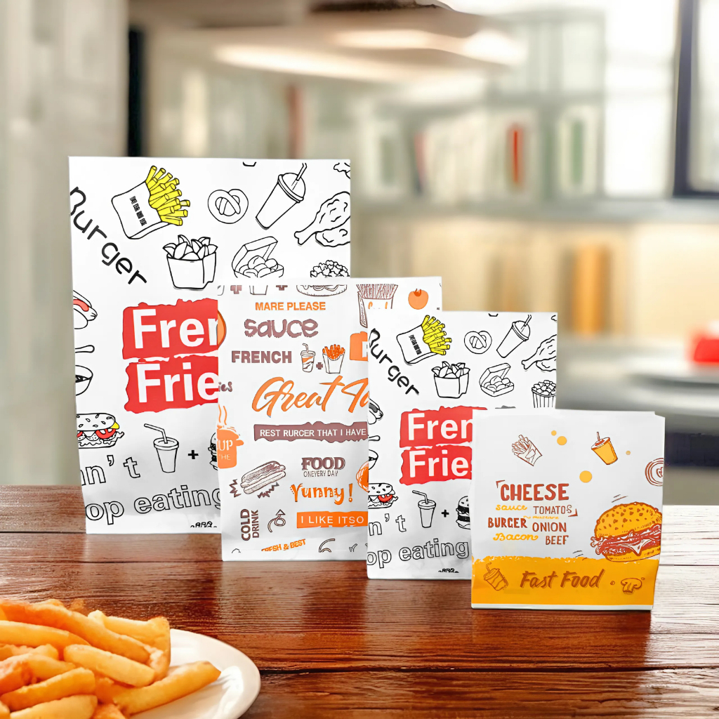 [100pcs] Printed Fast Food Pouch Grease Proof Paper Bag Food Wax Paper ...