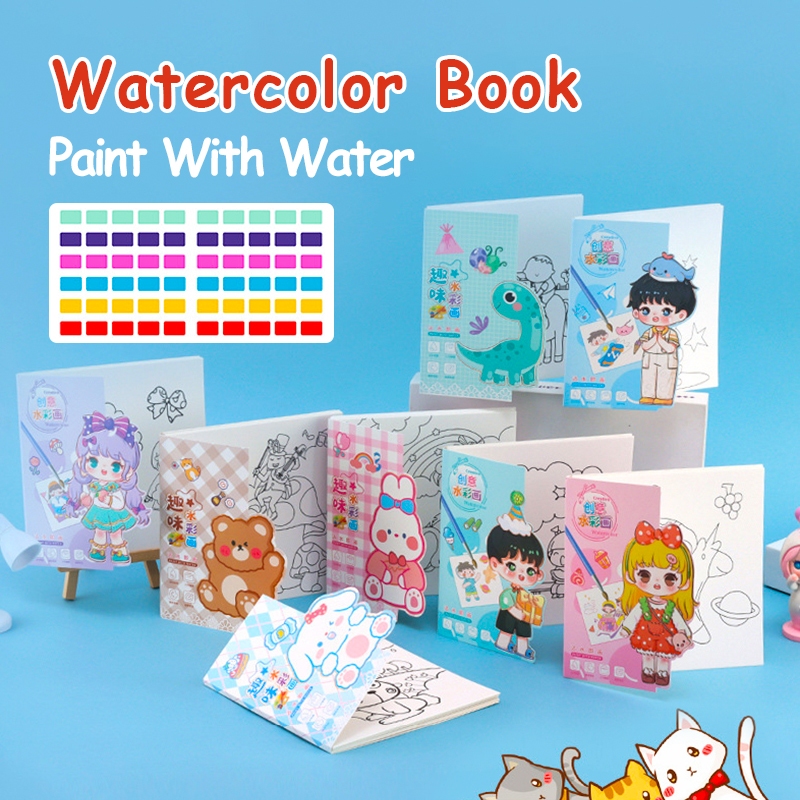 10+2 Sheets Painting Coloring Book Set with Paintbrush WaterColor for ...