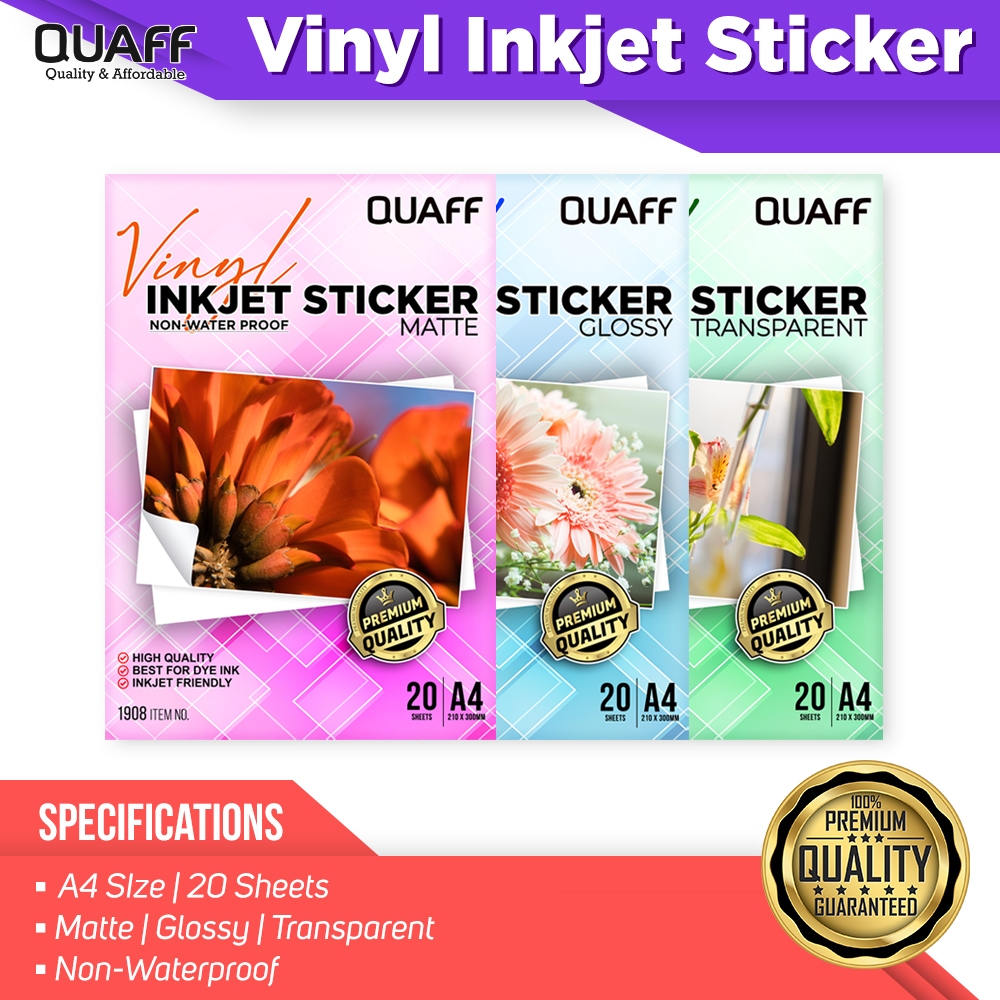 QUAFF Vinyl Inkjet Sticker / Printable Vinyl A4 Size ( Glossy / Matte / Transparent ) 20 sheets ...