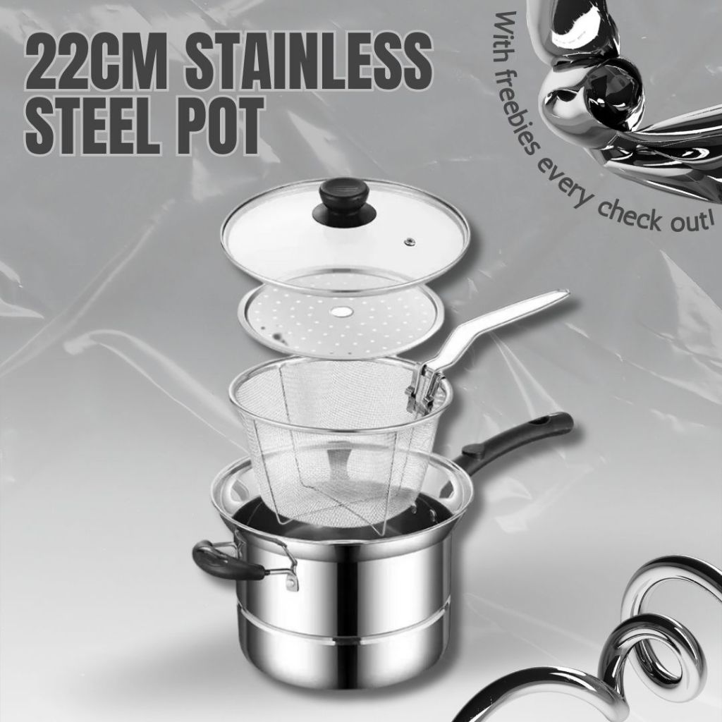 22cm Deep Frying Pan Stainless Steel Cooking Pot With Boil Basket Steam ...
