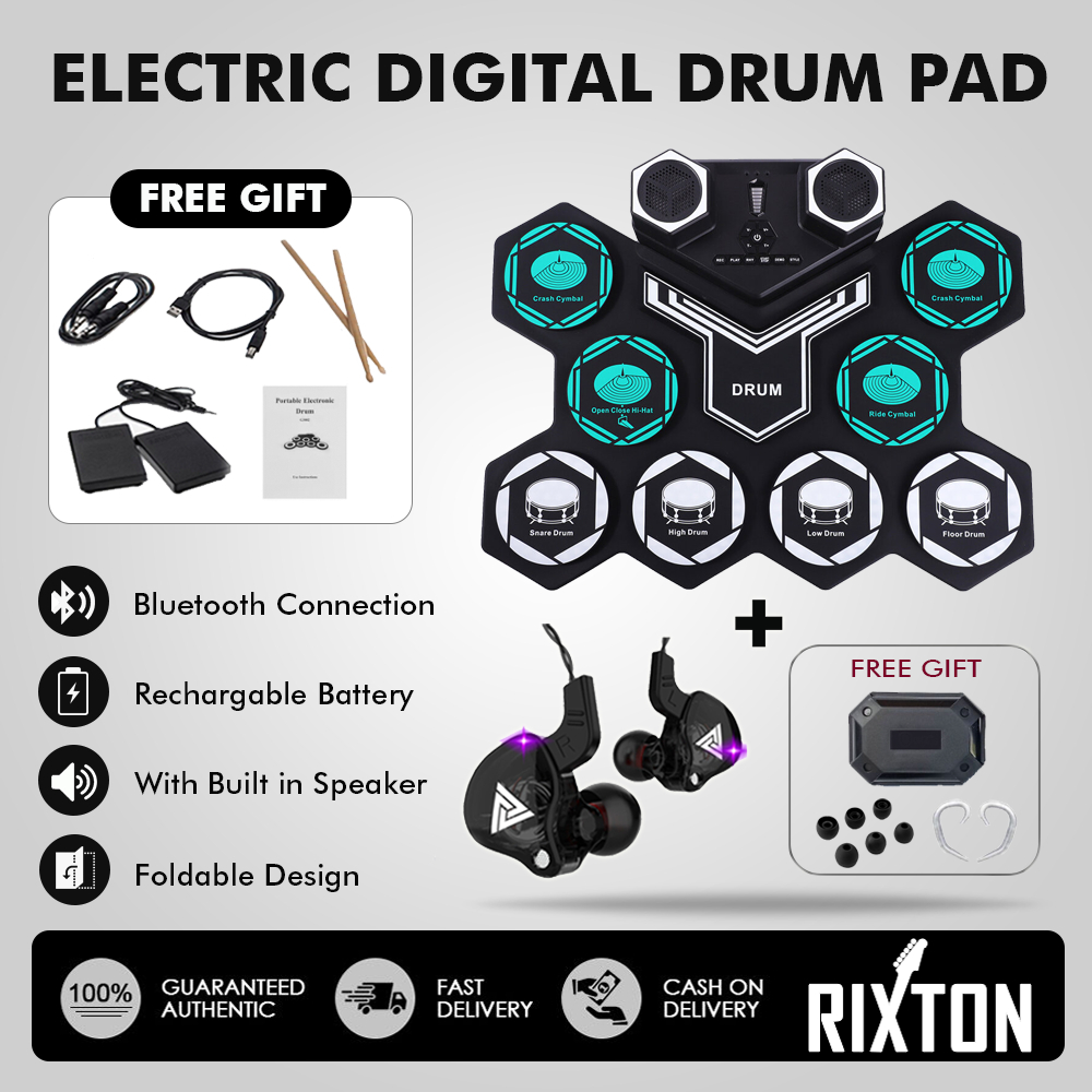 RIXTON 9 Silicon Drum Pads Folding Drum Set USB/Battery Powered with ...