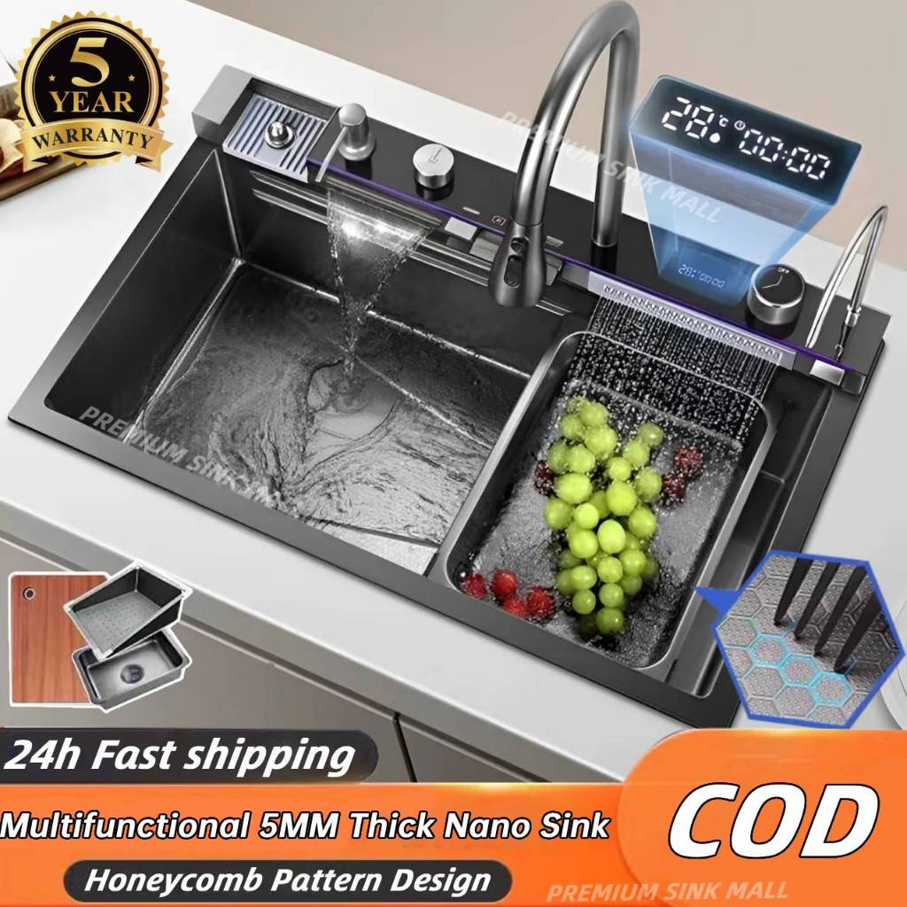 Digital Display Waterfall kitchen Sink, 304 Stainless Steel Sink Faucet ...