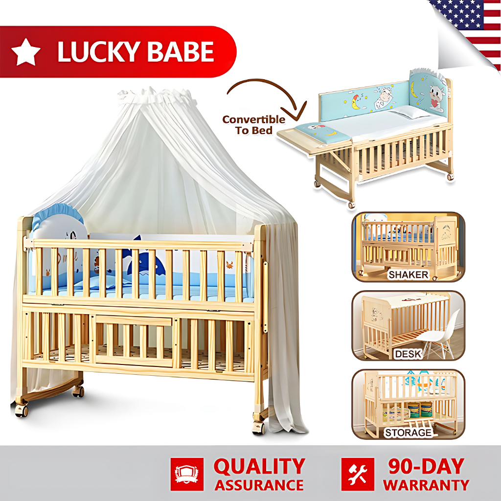 Wooden Crib Wooden Shelf Crib Rocker Crib with Mosquito Net and ...