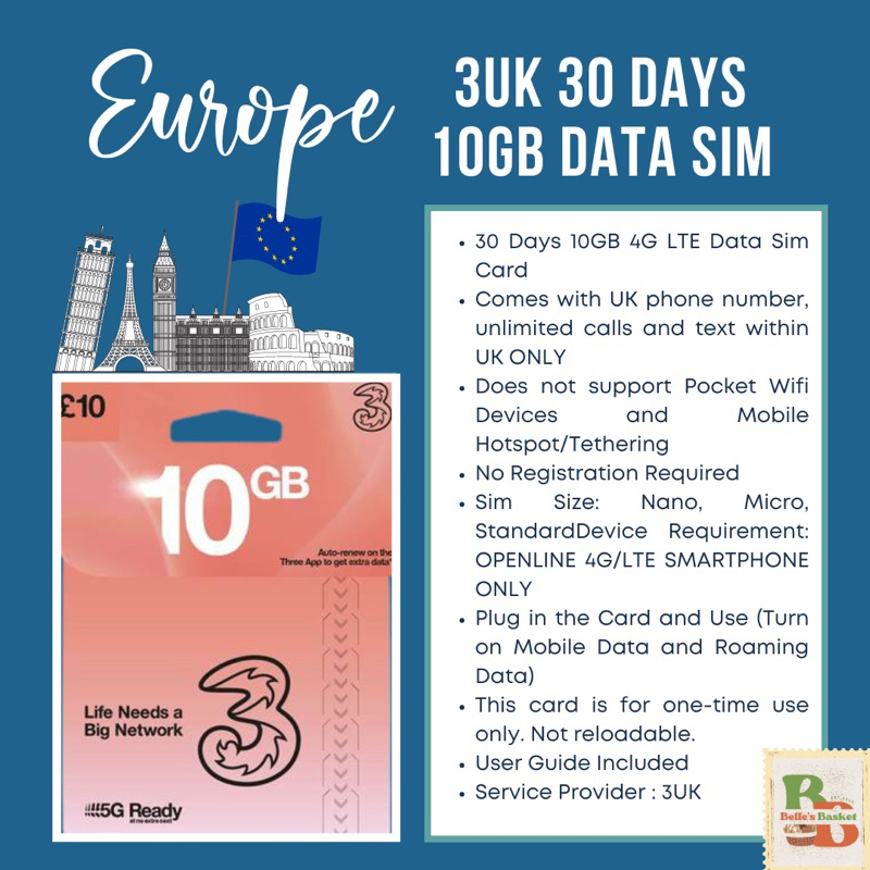 EUROPE 3UK 30 DAYS / 10 GB Travel Data Simcard (70 countries) | Shopee ...