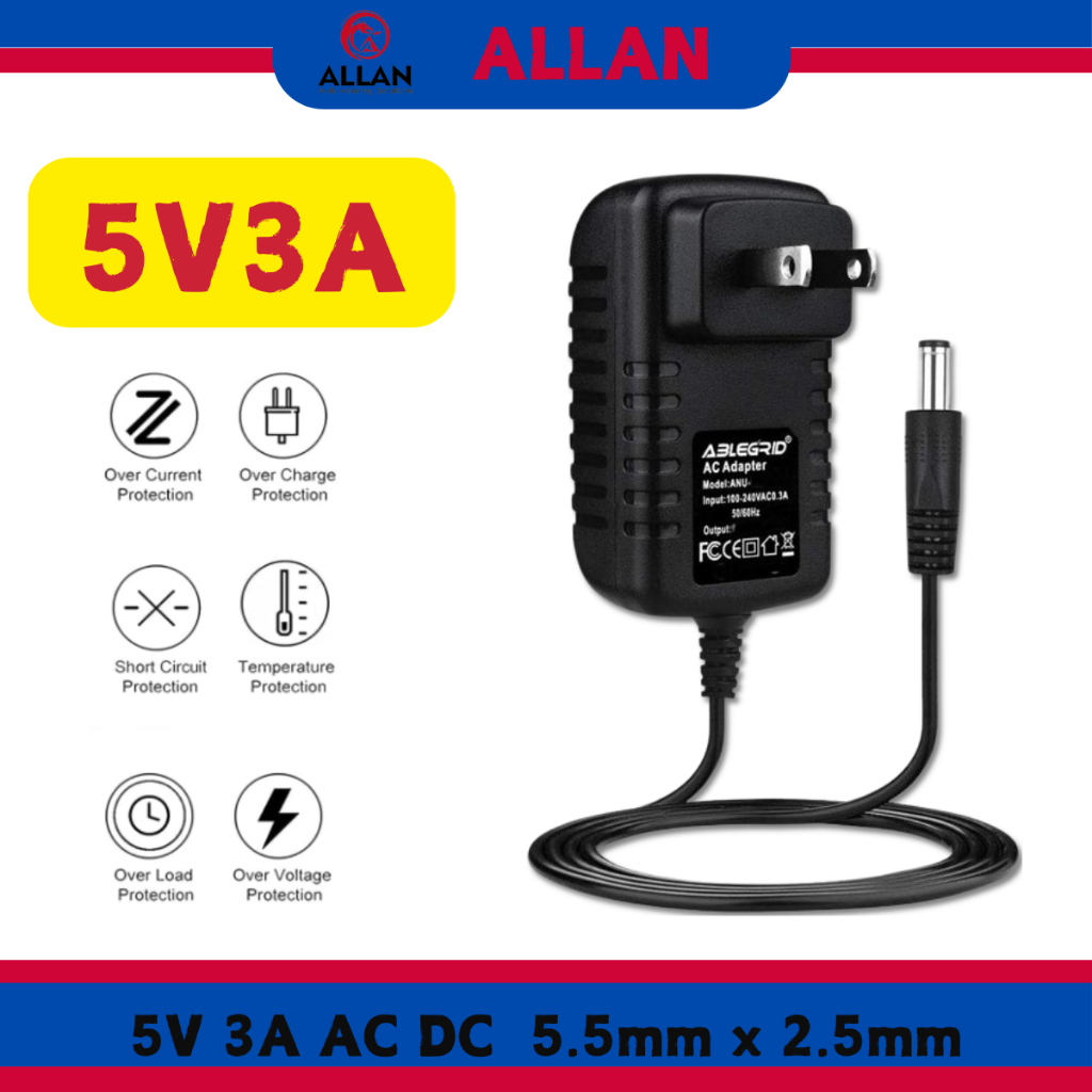 Allan AC 220V- DC 5V 3A Power Adapter US Plug Converter Transformer 5 ...