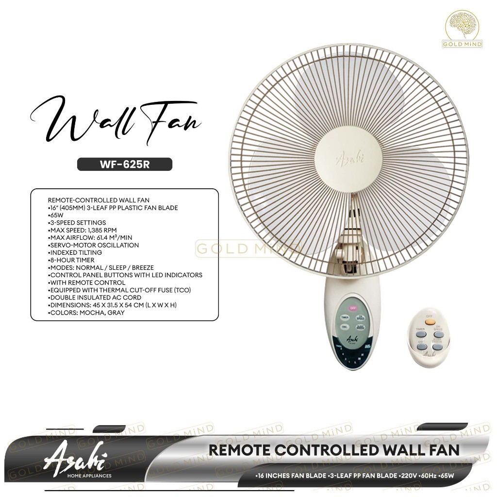 Asahi Wall Fan Thermal Fuse Protected Remote Controlled Wall Fan 16 ...