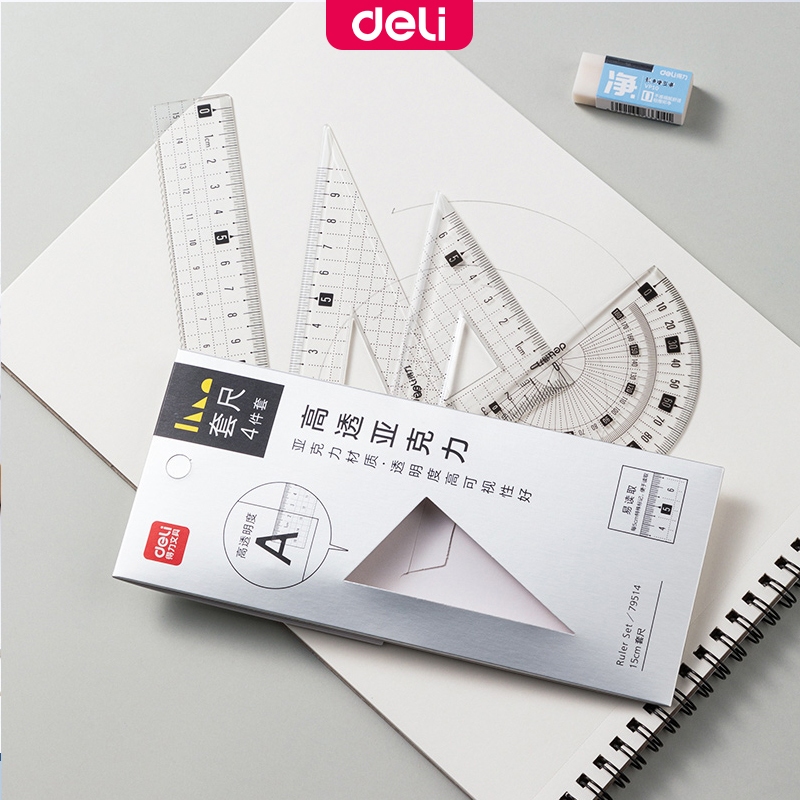 Deli 4 in 1 Plastic Transparent Ruler Set 15cm Straight Ruler Measuring ...