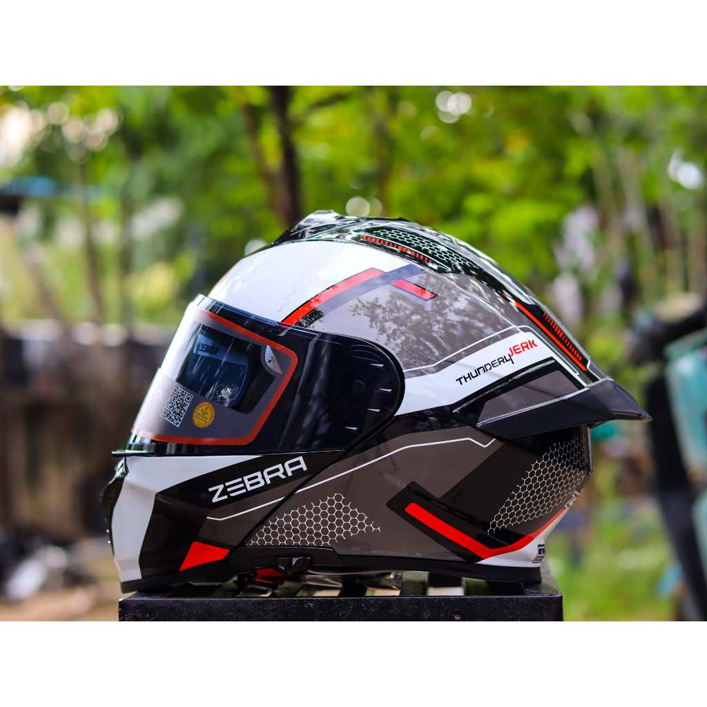 ZEBRA HELMET RITZY #3 HONEYCOMB BLACK WHITE RED MODULAR DUAL VISOR WITH ...