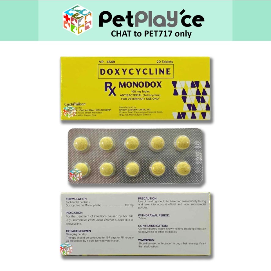 MONODOX 100mg Doxycycline Monohydrate Doxy for Dog Cat 20 tablet Meds ...