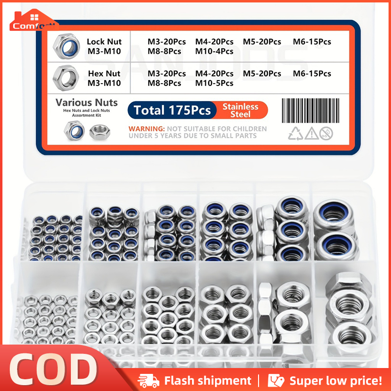 Locknuts & Hex Nuts Assortment Kit M3 M4 M5 M6 M8 M10, 175pcs Assorted ...