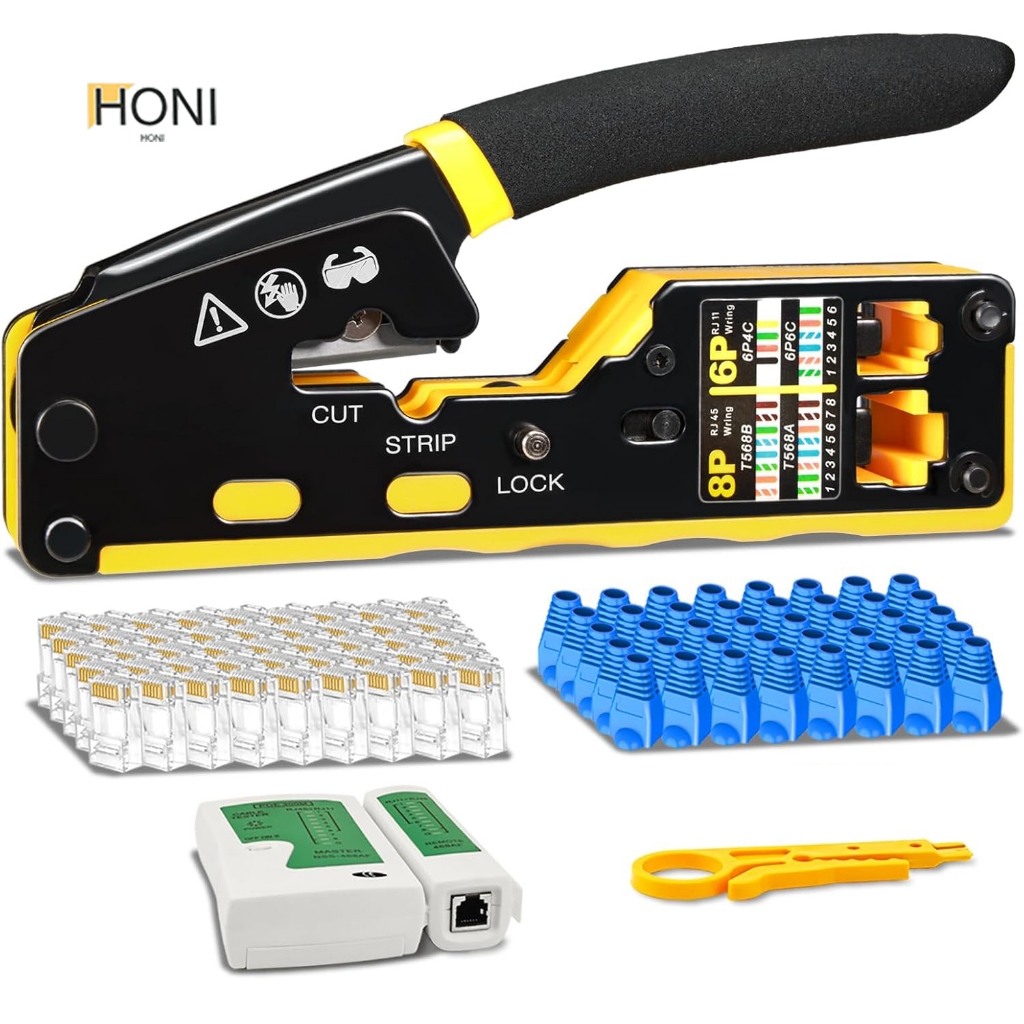 HONI RJ45 Crimp Tool Pass Through Ethernet Crimper for Cat5e Cat6 Cat6A ...