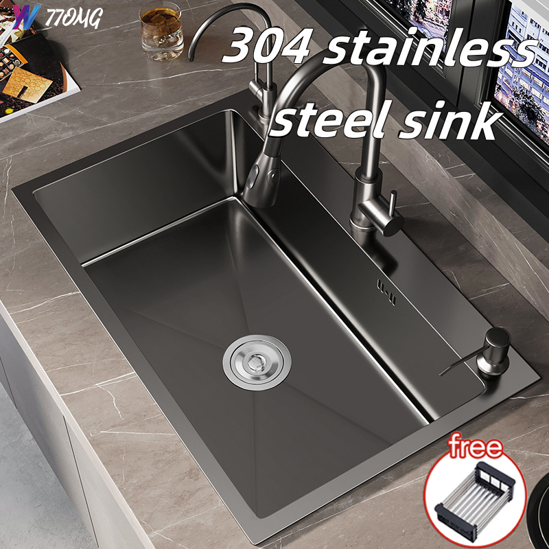 SUS304 kitchen sink thick free drain and basket single double black and ...