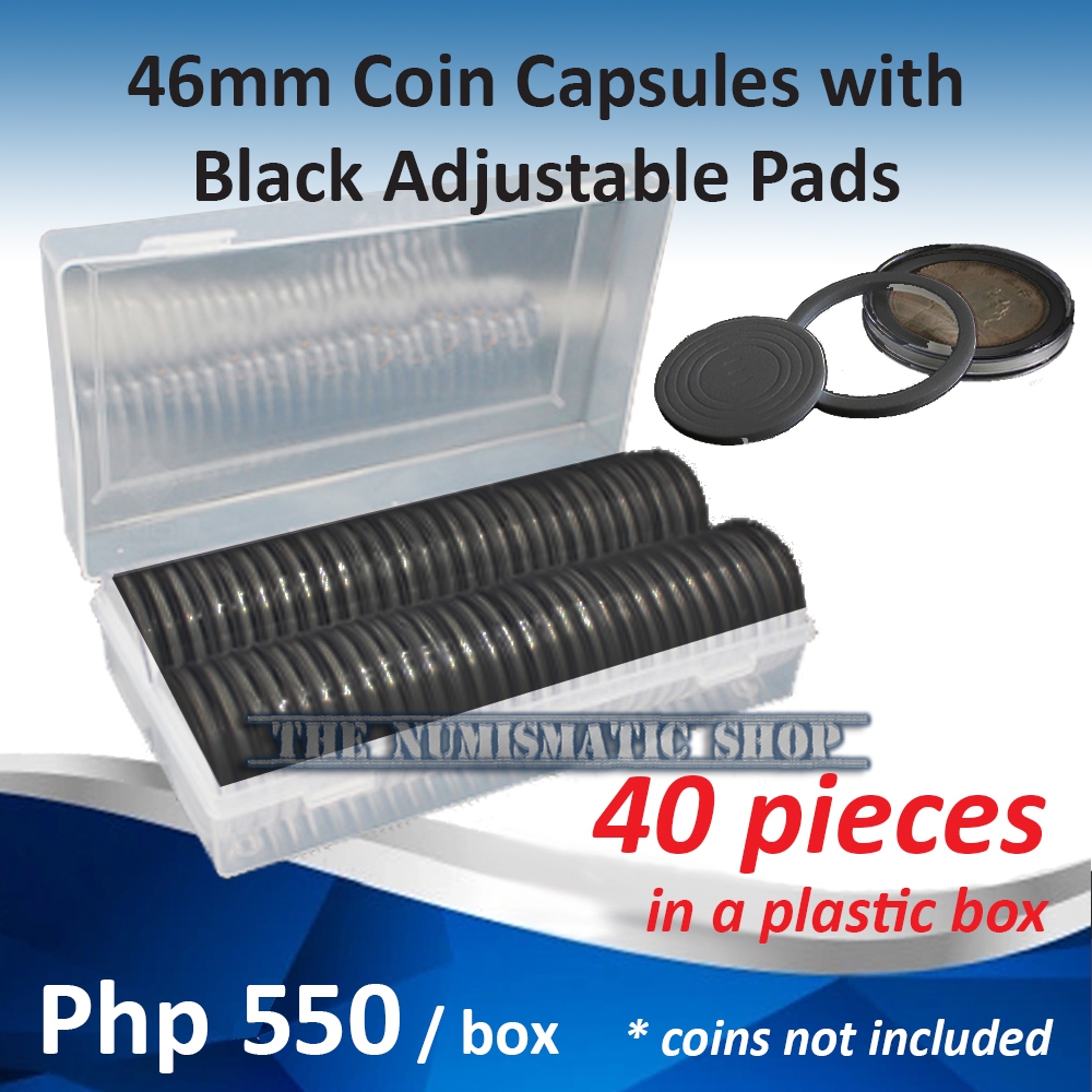 46mm Acrylic Coin Capsules with Adjustable Black Pads in a Plastic Box ...