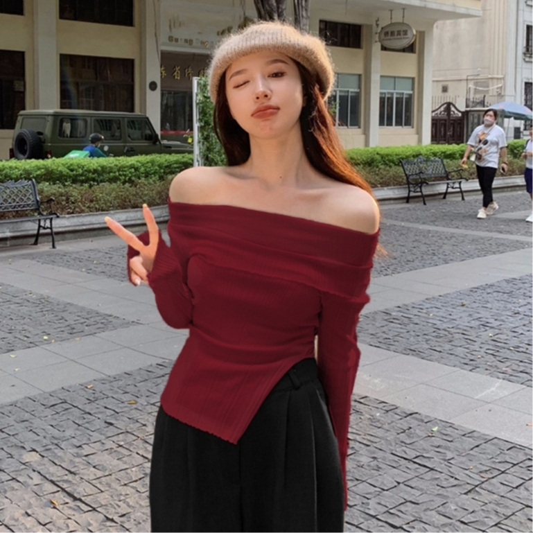 Hot Girl Off Shoulder Long Sleeve Knitted Undercoat Women's Black Sexy Irregular Slim Short Top ...