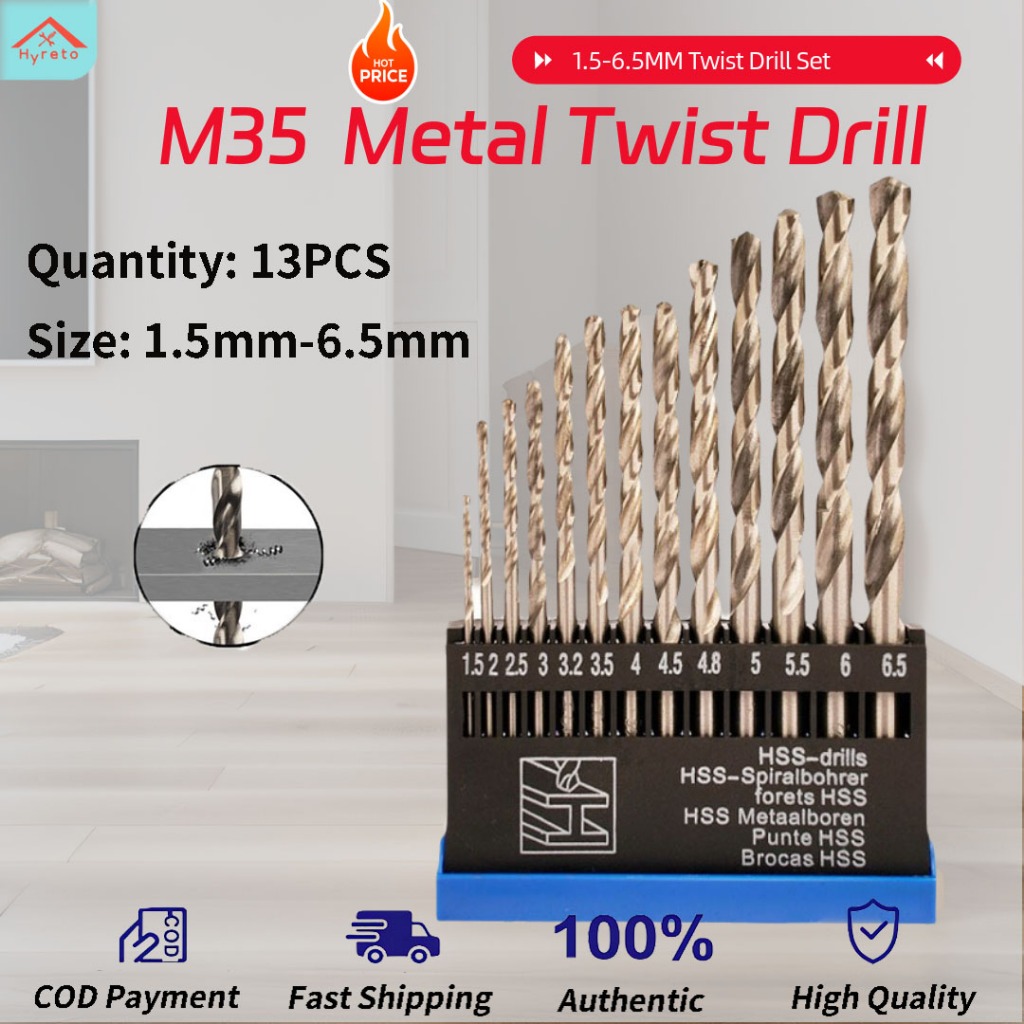 13Pc Cobalt High Speed Steel Twist Drill Bit Set 1.5mm-6.5mm For Drilling Metal Wood Stainless ...