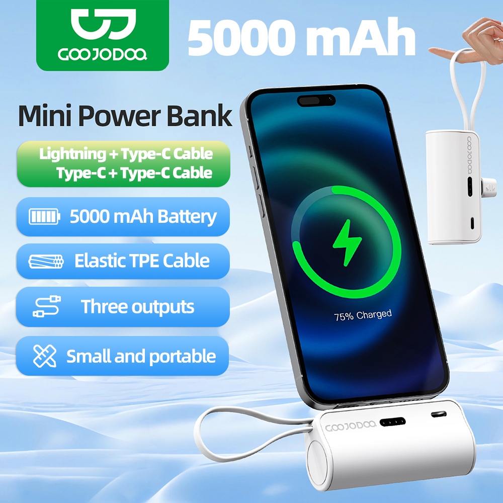 GOOJODOQ 5000mah Mini Powerbank for iphone Android Phone Built in Cable ...