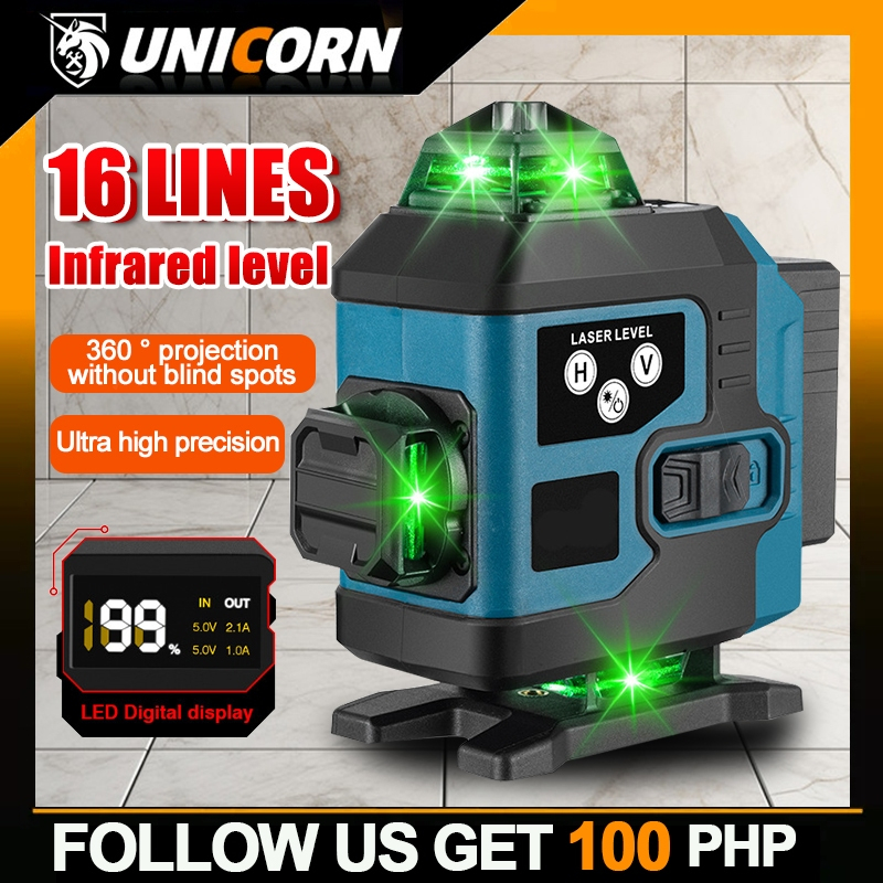 4D 16-wire strong green laser level gauge 360 degree rotation Measuring ...