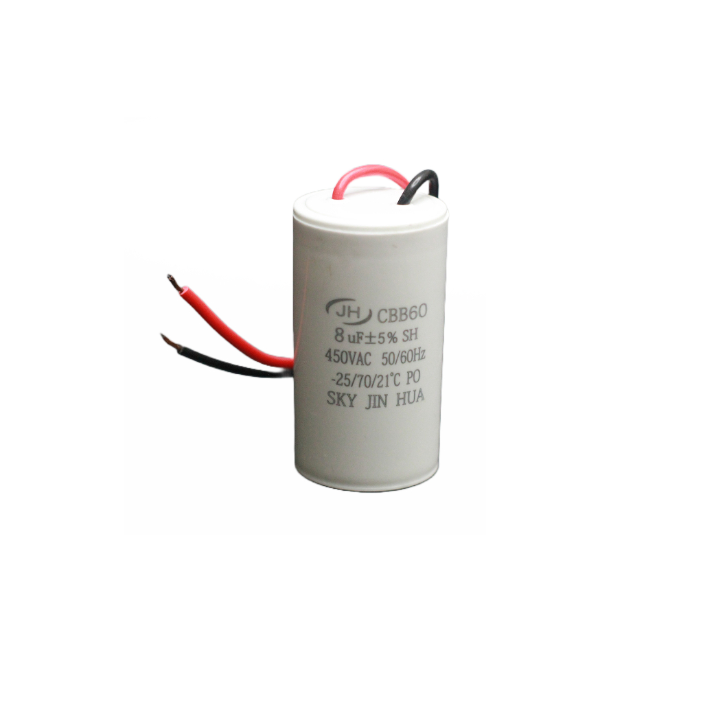 MOTOR RUN SH CAPACITOR 8UF CBB60 450VAC, WIRE LEAD CYLINDER WHITE, BEST ...