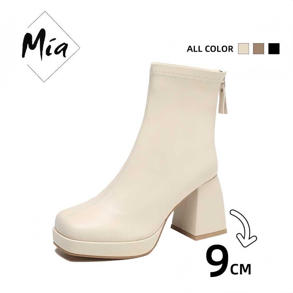 MIA Boots for Women Leather Cut Chunky 9CM High Heels New Korean | Shopee Philippines