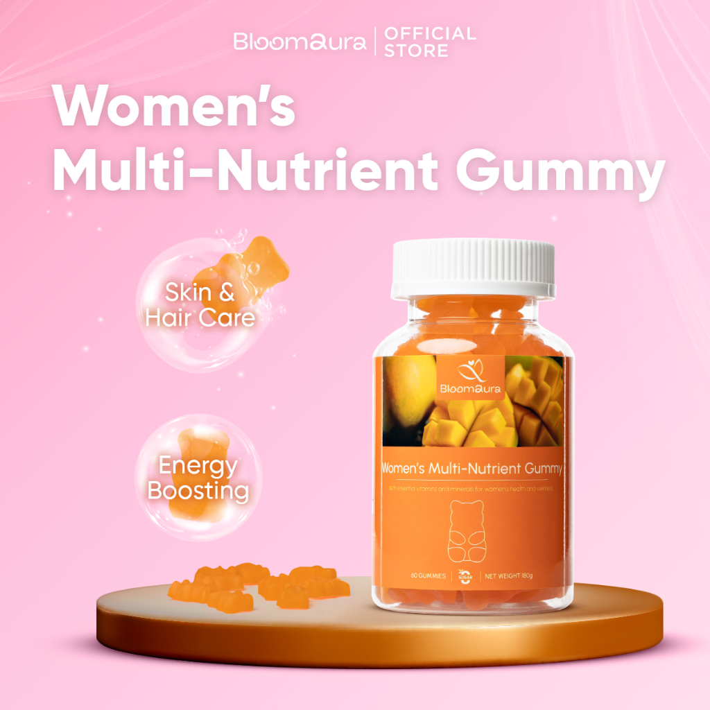 BloomAura Women's Multi-Nutrient Gummy, Vitamins A, D, C, E, Biotin, Folic Acid, B12, 60 Gummies ...