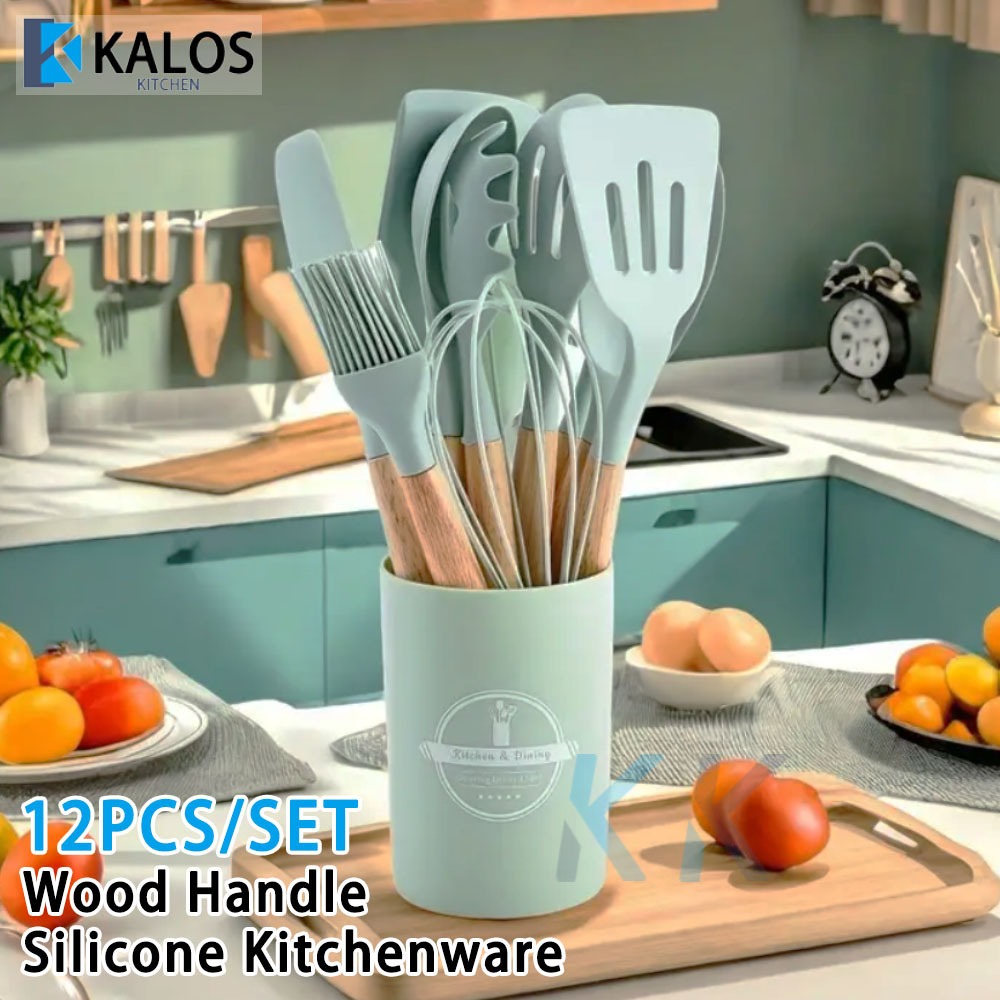 12PCS/Set Silicone Kitchen Utensils Set Durable Wooden Handle Non-Stick ...