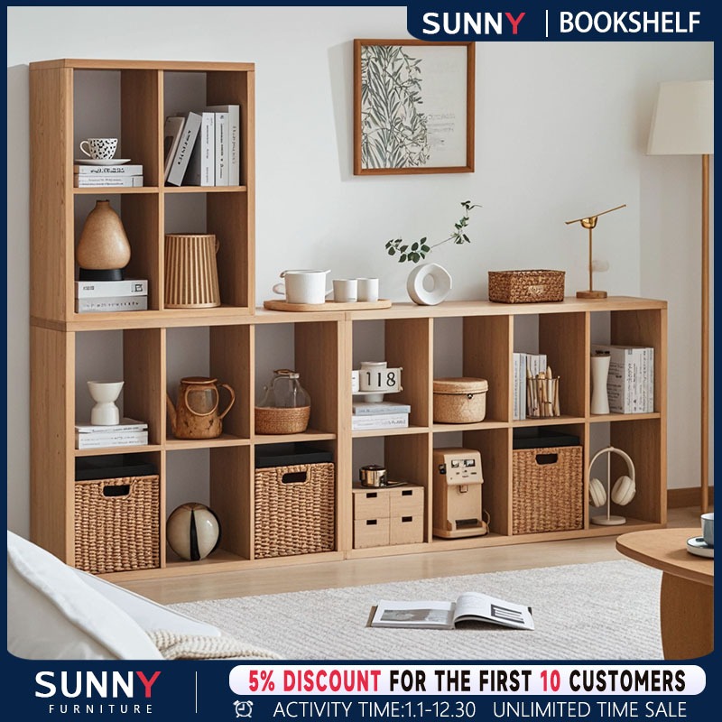 SUNNY Bookshelf Wooden Multi-Grid Bookshelf Floor Rack Storage Rack ...