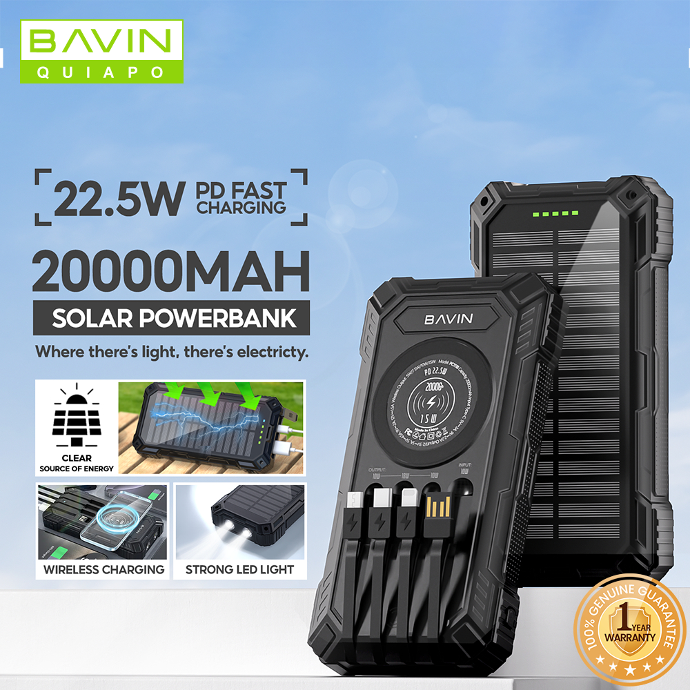 BAVIN PC1118 20000mAh 22.5W Solar Powerbank w/ Built-in 4 Cables LED Light & Wireless Fast ...