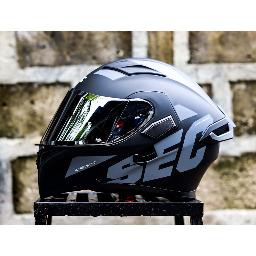 SEC HELMET WHIRLWIND V2 SOLID MATTE BLACK BLACK MODULAR DUAL VISOR WITH ...