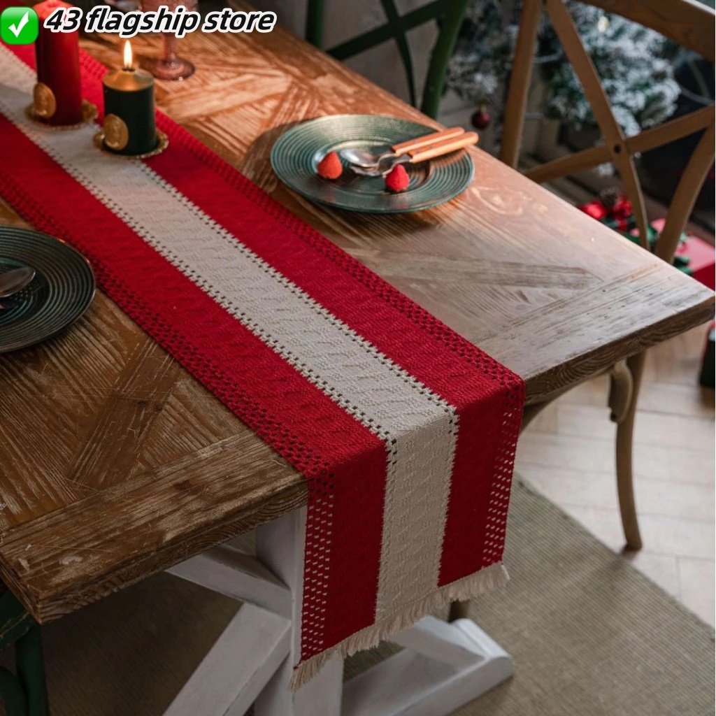 Christmas Table Runner with Tassel Woven Cotton Linen Dining Table ...