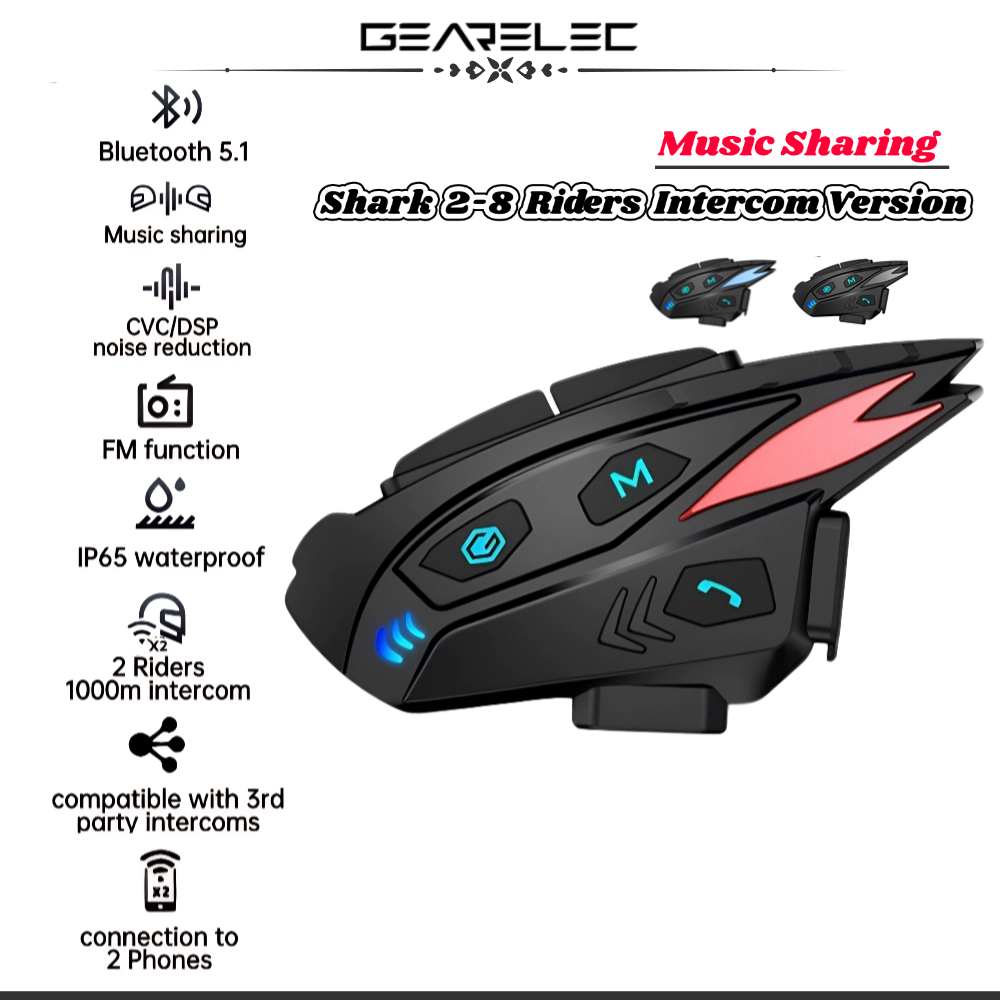 GEARELEC Shark Motorcycle Intercom Headset 2 Riders Intercom 1000m ...
